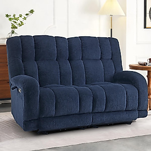MCombo 64.6" Power Reclining Loveseat Sofa with Adjustable Headrest, Heat and Vibration, Fabric Electric Loveseat Recliner with USB Charge Ports for Living Room 6855 (Navy Blue)