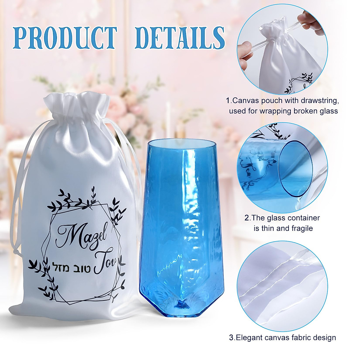 Jewish Wedding Chuppah Breaking Glass, Wedding Gifts for Couples, Jewish Gift for Wedding Engagement Marriage Anniversary, Blue Glass Vessel for Groom with Drawstring Bag and Card