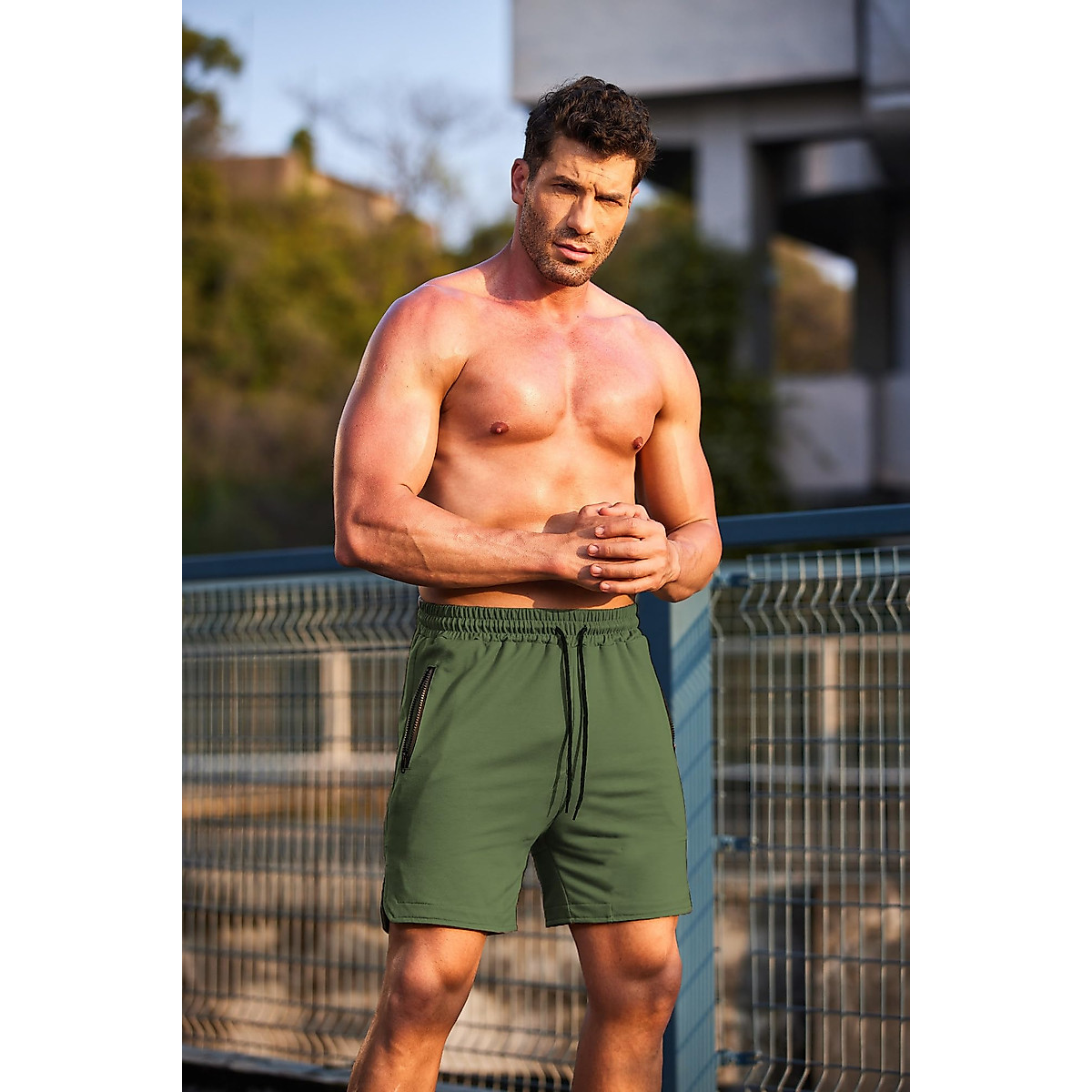 COOFANDY Sweat Shorts for Men 7" Quick Dry Workout Bodybuilding Pants Training Athletic Jogger with Pockets Army Green