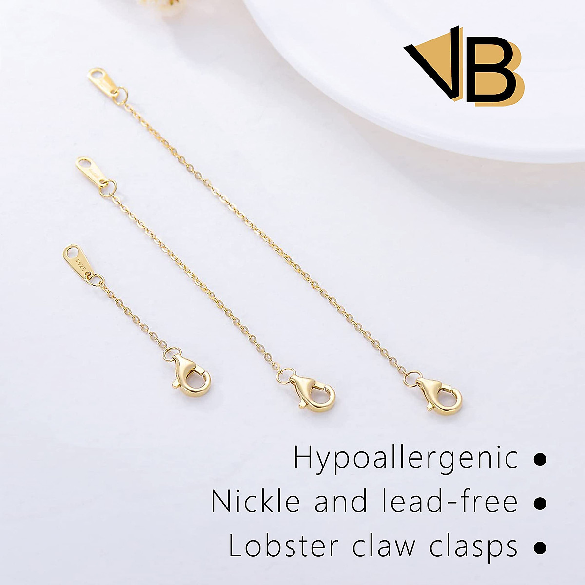 VANBARIS Necklace Extenders Gold Chain Extenders for Necklaces Extensions Sterling Silver Bracelet Extender Gold Necklace Extenders for Women 3 Piece Set, 1 2 3 Inch