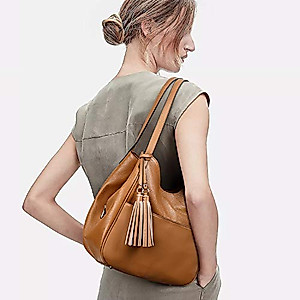 S-ZONE Women Shoulder Bag Leather Hobo Purse Medium Handbag Multi-pocket Tote with Tassel