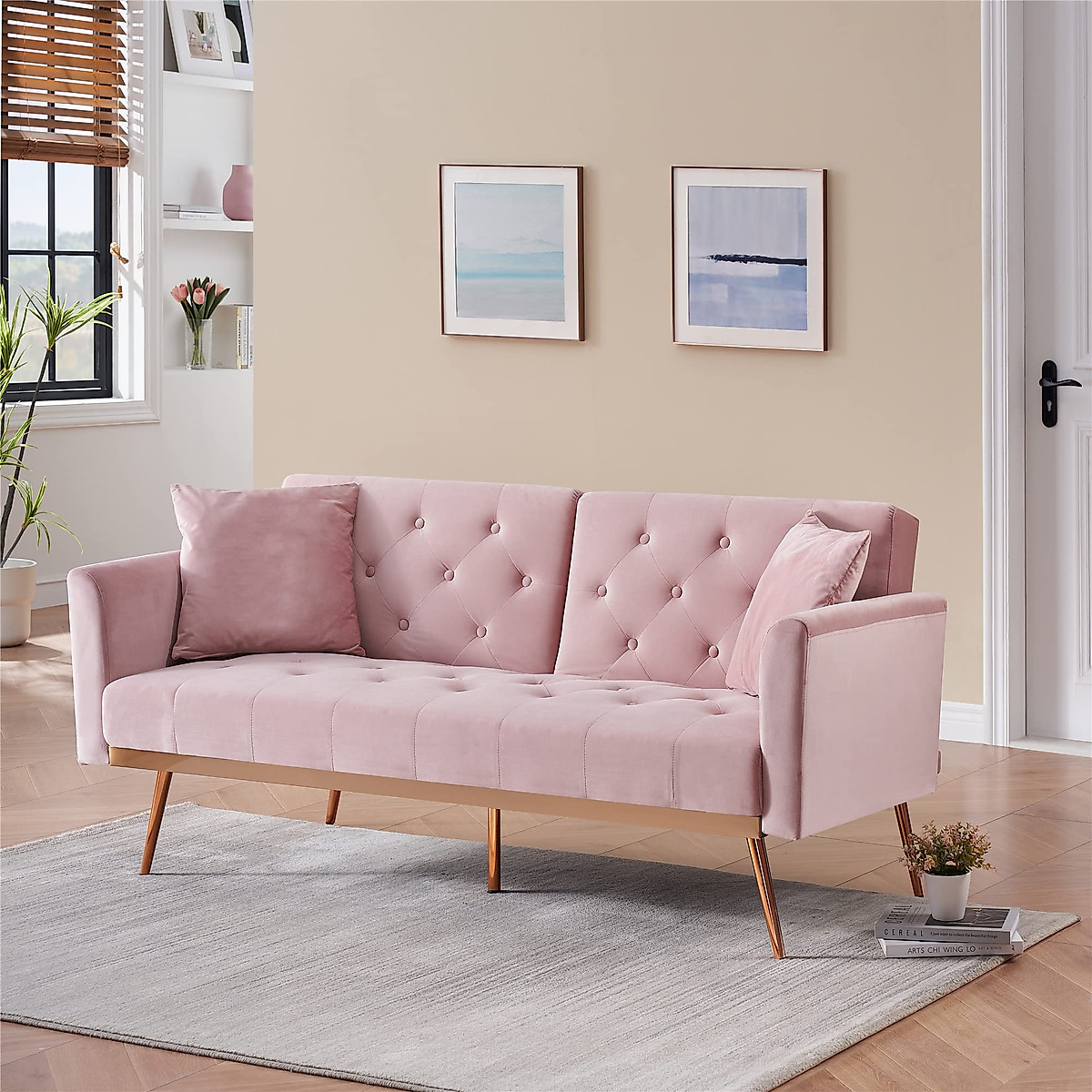 PBOGHLRD Convertible Velvet Futon Sofa, Folding Loveseat Sofa with Throw Pillow and Midfoot, Small Sleeper Couch Bed for Living Room, Bedroom, Home Office (Pink)