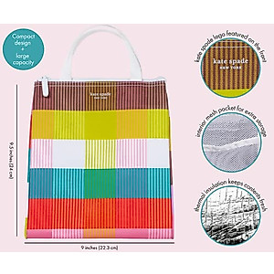 Kate Spade New York Portable Soft Cooler Lunch Bag with Silver Insulated Interior Lining and Storage Pocket, Rainbow Plaid