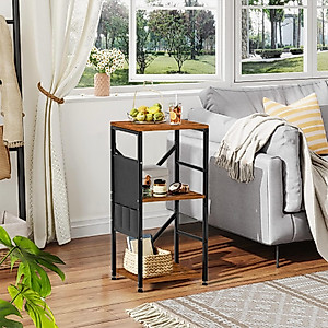 Small Side Table Narrow End Table, Nightstand Tall Side Tables for Small Spaces, 3 Tier Storage Shelves Couch End Tables for Living Room, Bedroom Office Bathroom, Easy Assembly Rustic Brown and Black