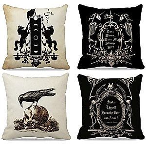 Gothic Themed 18’’X18’’Set of 4 Gothic and Tarot Goat Owl and Horses Crow On A Skull Macabre Memento Mori Art Decorative Throw Pillow Case,Gothic Home Girls Room,Gifts for Wife Sister Gothic Lover