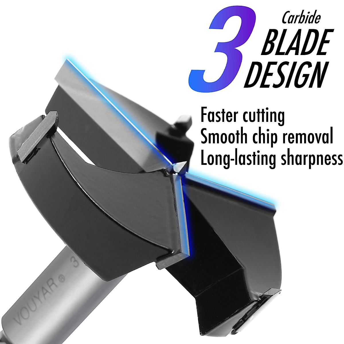 Vouyar 3 Inch Forstner Drill Bit, Triple-Flute Carbide Tipped Forstner Bit for Hard Wood, Soft Wood, Veneered Plywood, Plastic, Drilling Hole Saw Woodworking Hinge Cutter Tool