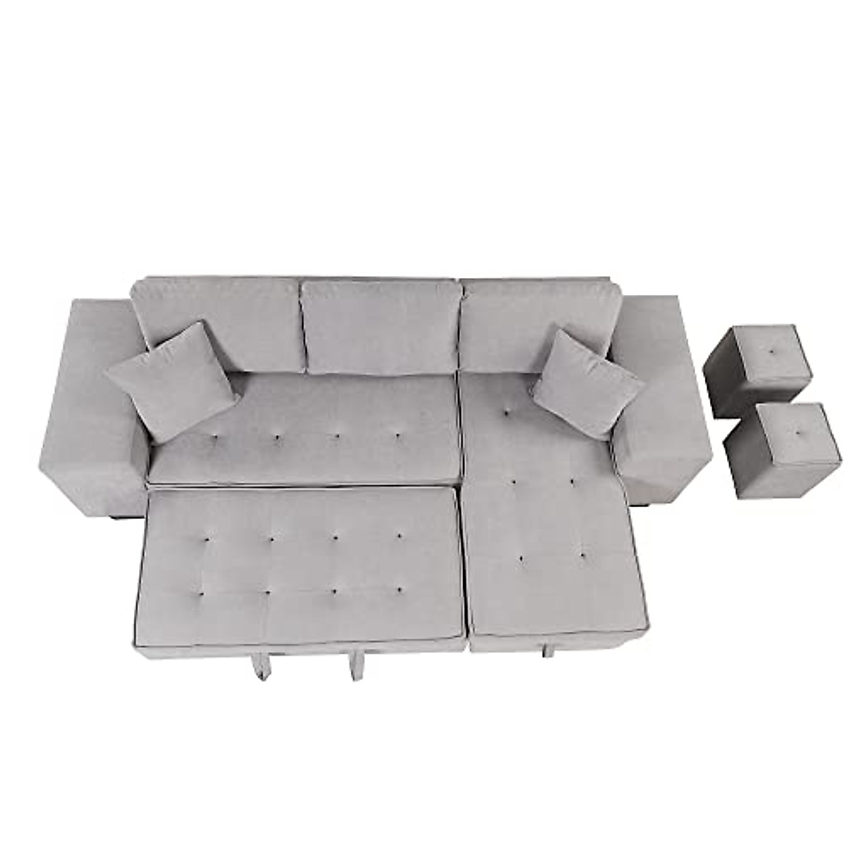 FANYE 2024 Linen Upholstery Pull Out Sleeper Sectional Sofa & Couch W/Stools and Shelves, L-Shaped Corner Upholstered Sofa Couch with 2 Pillows and Reversible Storage Chaise for Living Room