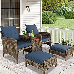 BPTD 5 Piece Patio Conversation Set Balcony Furniture PE Wicker Rattan Outdoor Lounge Chairs with Cushions and 2 Ottoman Glass Table for Porch, Lawn (Brown-Navy Blue)