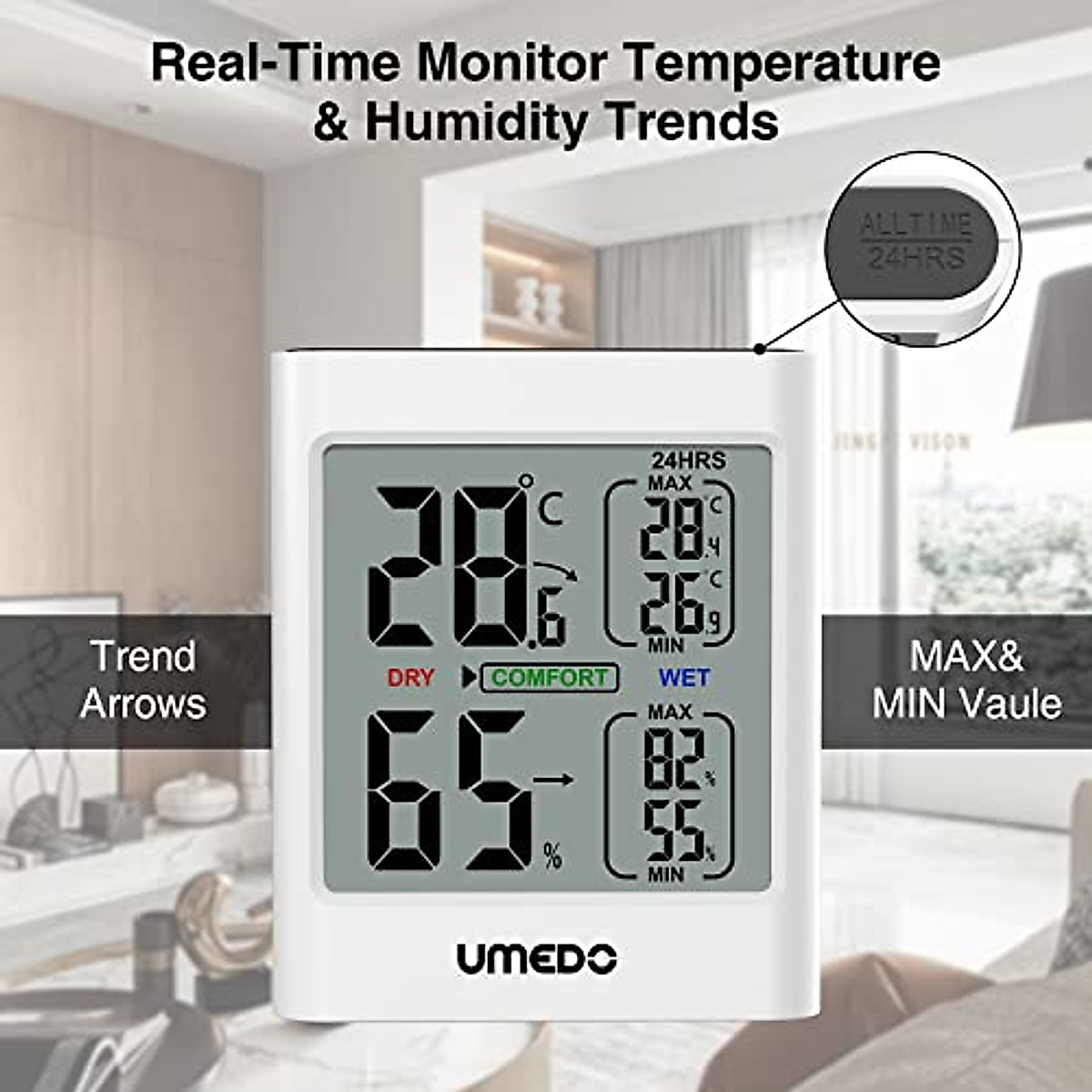 Digital Hygrometer Indoor Thermometer, Umedo Humidity Gauge with Large Display, Air Comfort Indicator, Accurate Hygrometer Thermometer Monitor for Home Greenhouse Humidor Pet Reptile Wine Cellar
