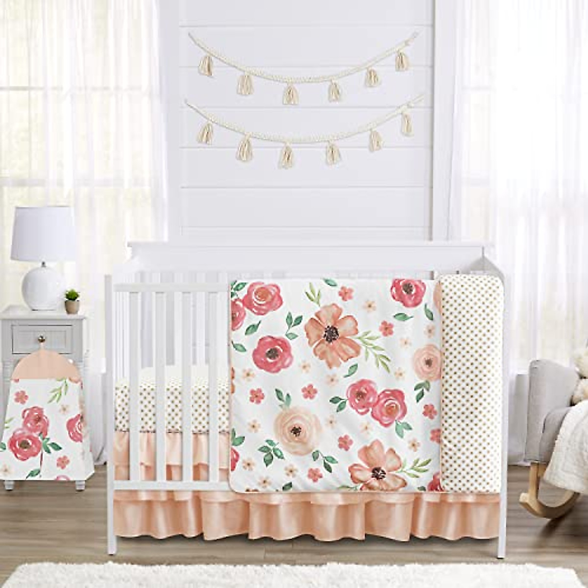 Sweet Jojo Designs Peach, Green and Gold Baby Kid Clothes Laundry Hamper for Watercolor Floral Collection - Pink Rose Flower