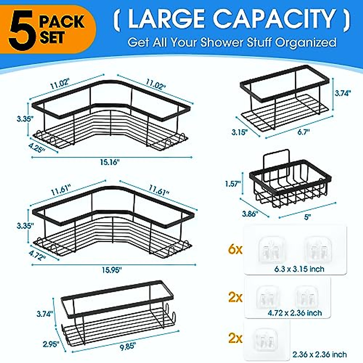 Corner Shower Caddy, 5 Pack Adhesive Organizer Stainless Steel Bathroom Shelves with Holder & 14 Hooks No Drilling Wall Mounted Storage Rack Shelf for Inside Shower, Black