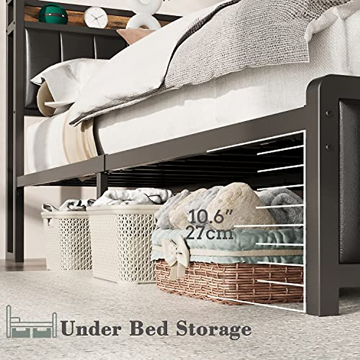 ANCTOR Full Bed Frame with Storage Headboard & Footboard, Upholstered Platform Bed with USB Ports & Outlets, Strong Steel Slats Support Mattress Foundation, No Box Spring Needed