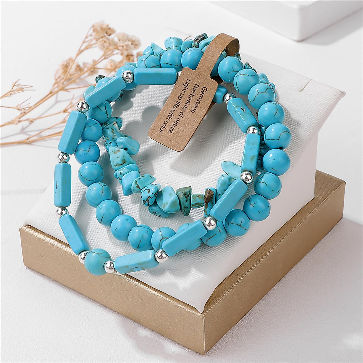 3Pcs Turquoise Bracelet for Women Boho Turquoise Bead Bracelet Natural Stone Beaded Stretch Bracelets Set Healing Crystal Bracelets Turquoise Jewelry for Women