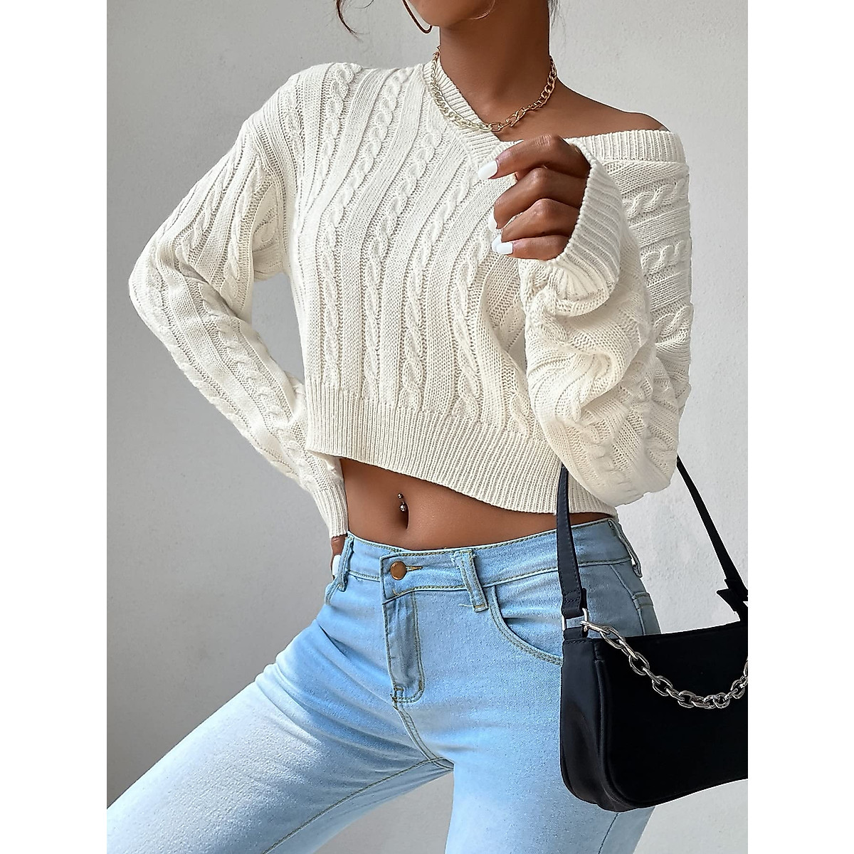 Verdusa Women's Drop Shoulder V Neck Sweater Jumper Long Sleeve Knit Pullover White S