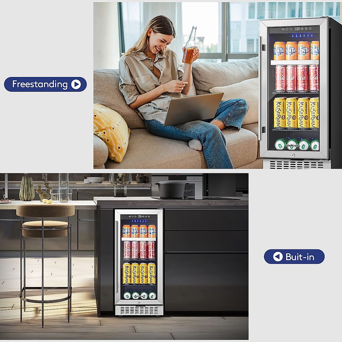 BODEGA Beverage Refrigerator Cooler,15 inch drink fridge under counter,100 cans mini Fridge with Glass Door for Soda Beer,Wine,Beverage Cooler for Home,Kitchen, Bar or Office.