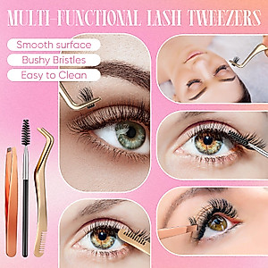 Lasnten 4 Pcs Eyelash Applicator Tool, Lash Tweezers for Eyelash Extensions, Stainless Steel Lash Cluster Tweezers Brush with Little Boxes, DIY Lash Applicator Tweezers Set(Gold)