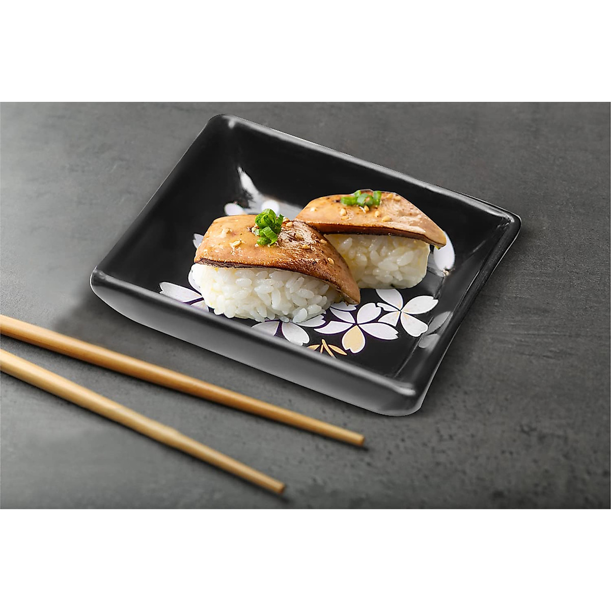 Cinf Ceramic Japanese Cherry Blossom Salad Sauce Rectangular Sushi Dish Set of 4 Plates Black Snack Bowls Appetizer Seasoning Serving for Kitchen Home
