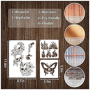 14 Pieces Skull Stencils Reusable, Scary Skeleton Stencils Fire Template Skull Flame Stencils Stencils for Painting on Wood, Wall, Canvas, Scrapbook Decorations DIY Craft Projects (14 skull)