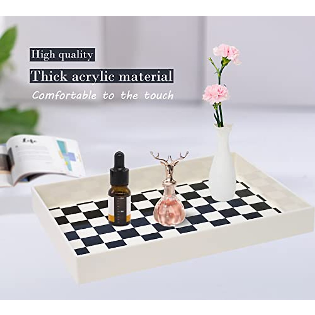 Benziert Set of 2 Acrylic Trays White Jewelry Trays Perfume Trays for Dresser Tray Black Bathroom Tray Vanity Tray for Bathroom countertop Makeup Tray Perfume Organizer Tray Checkered Decorative Tray