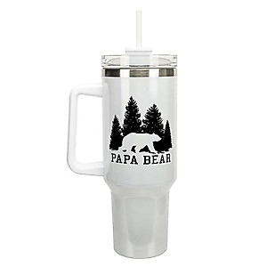 Elanze Designs Papa Bear Forest Trees Dad Grandpa 40 oz. Stainless Steel, Large Water Bottle Coffee Mug, Spill & Leak Resistant, Thermal Travel Tumbler with Handle, Lid & Straw, White Shimmer