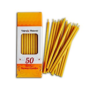 50 All Natural Décor 100% Pure Beeswax Taper Candles – Tall (6 in), Unscented, Dripless, Smokeless, Slow Burning, Non Toxic, Honey Scent - for Home, Dinner, Cake, Prayer, Church, Hanukkah, Christmas