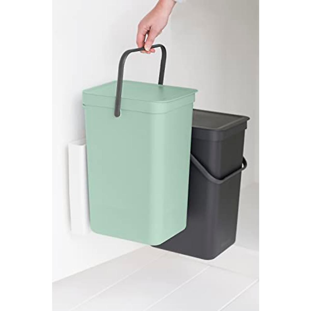 Brabantia Sort & Go Built-in Cupboard Recycling Cans (2 x 4.2 Gal/Dark Gray & Jade Green) Double Door Mounted Trash Organisers with Handles & Removable Lids