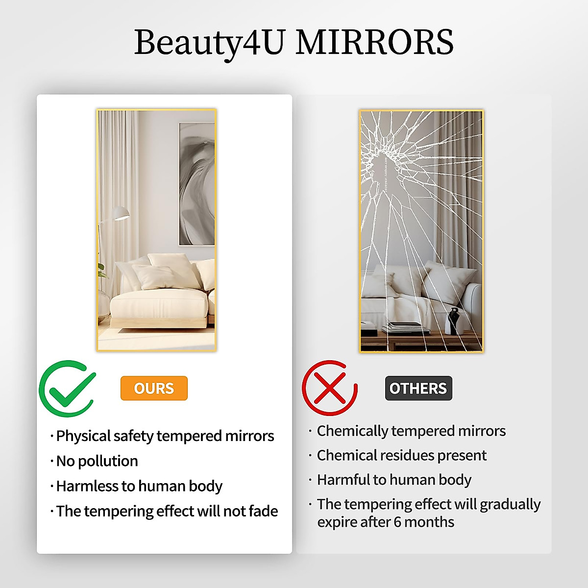 Beauty4U 65" x 24" Full Length Mirror with Stand, Gold Wall Mounting Full Body Mirror, Metal Frame Full-Length Tempered Mirror for Living Room, Bedroom