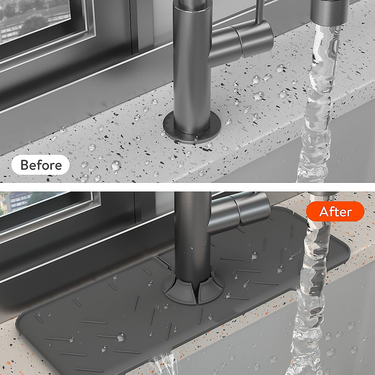 Kitchen Sink Splash Guard Silicone Sink Faucet Mat Water Catcher Mat Sink Draining Pad Rubber Drying Mat for Kitchen Sink, 2 Pack, Grey