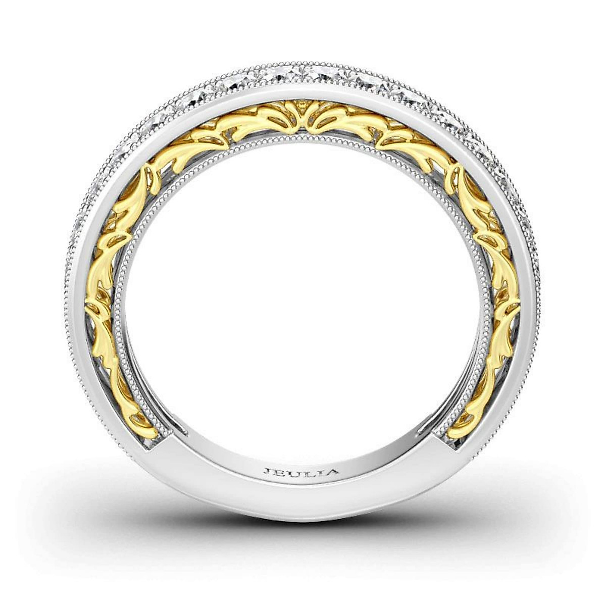 Jeulia Two Tone Scrollwork Sterling Silver Women's Band Custom Engraved Ring for Engagement Anniversary Wedding With Gift Box (Yellow Gold, 6.5)