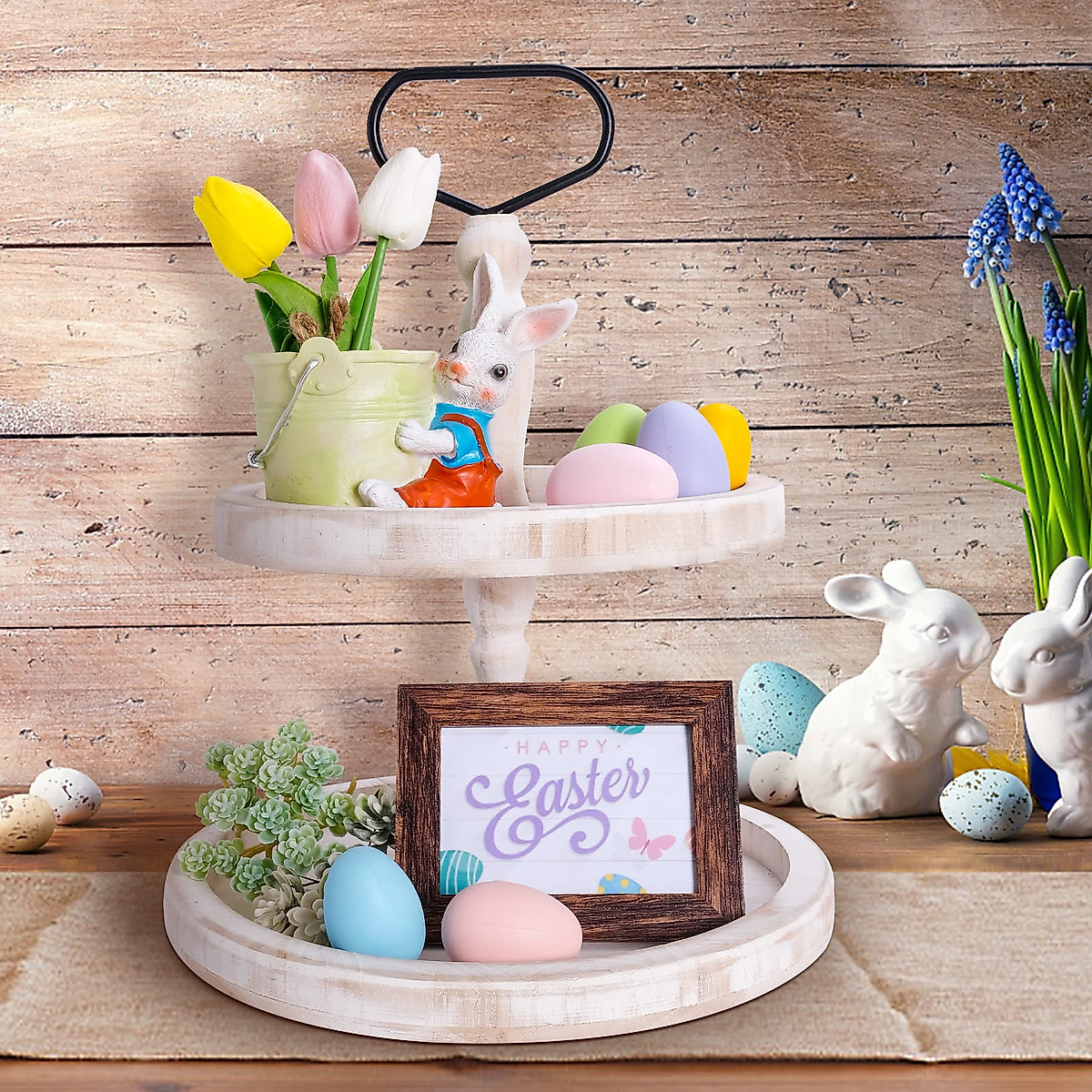 Mustry Rustic Wooden 2 Tiered Tray, Round Farmhouse Kitchen Table Decor Serving Tier Tray, Food Fruits Cupcake Display Coffee Bar Home Party Seasonal Decorations (White)