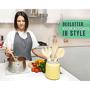 Wide Mouth Mason Jar Utensil Holder Decorative Kitchenware Organizer Crock, Chip Resistant Ceramic, Dishwasher Safe - Kitchen Caddy Green, Large Size 7" High - Yellow