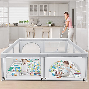 Baby Playpen with Mat, ALVOD 79''x71'' Baby Playard Baby Fence Play Area Extra Large Playpen for Babies and Toddlers, Safety Baby Playpen with Anti-Slip Base, Play Yard Kids Activity Center Home, Gray