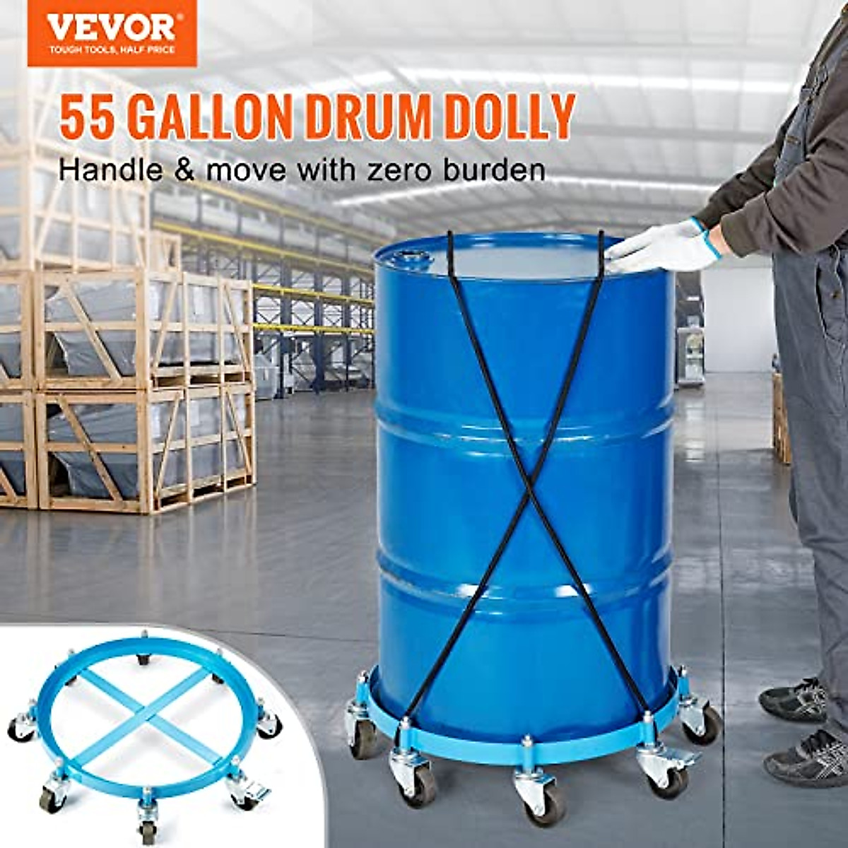 VEVOR 55 Gallon Heavy Duty Drum Dolly, 2000lbs Load Capacity, Barrel Dolly Cart Drum Caddy, Non Tipping Hand Truck Capacity Dollies with Steel Frame 8 Swivel Casters Wheel, for Warehouse Drum Handling