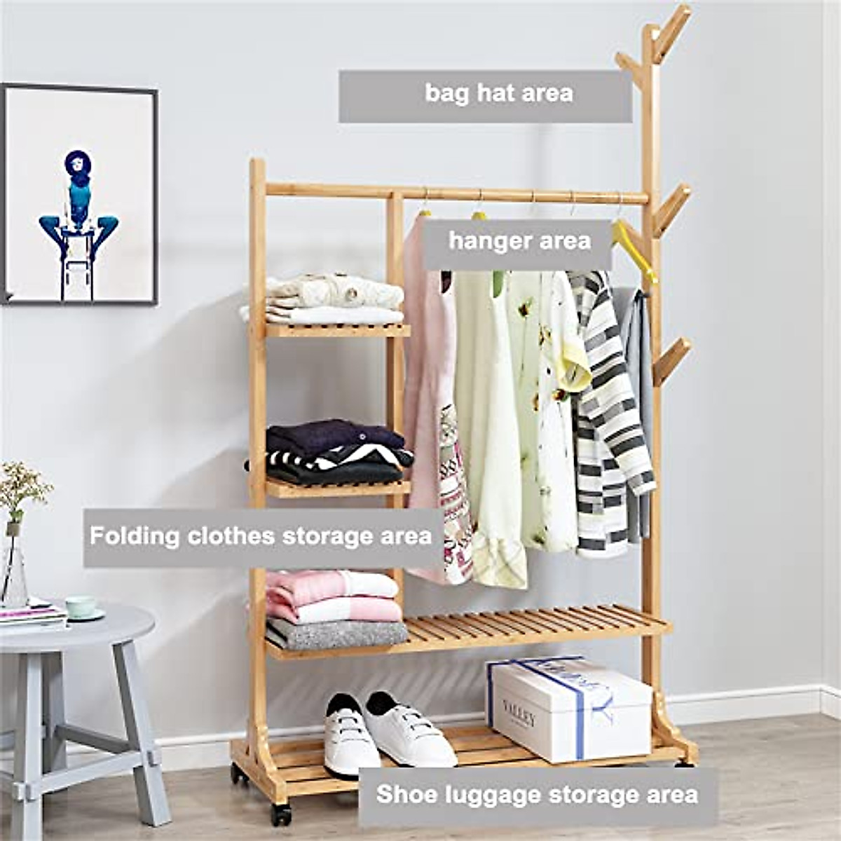 YXDFG Clothing Rack Bamboo Garment Rack,Rolling Clothes Rack,Multifunctional Bedroom Hanging Rack, 4 Layers Wardrobe Storage Shelves with Wheels 6 Hooks