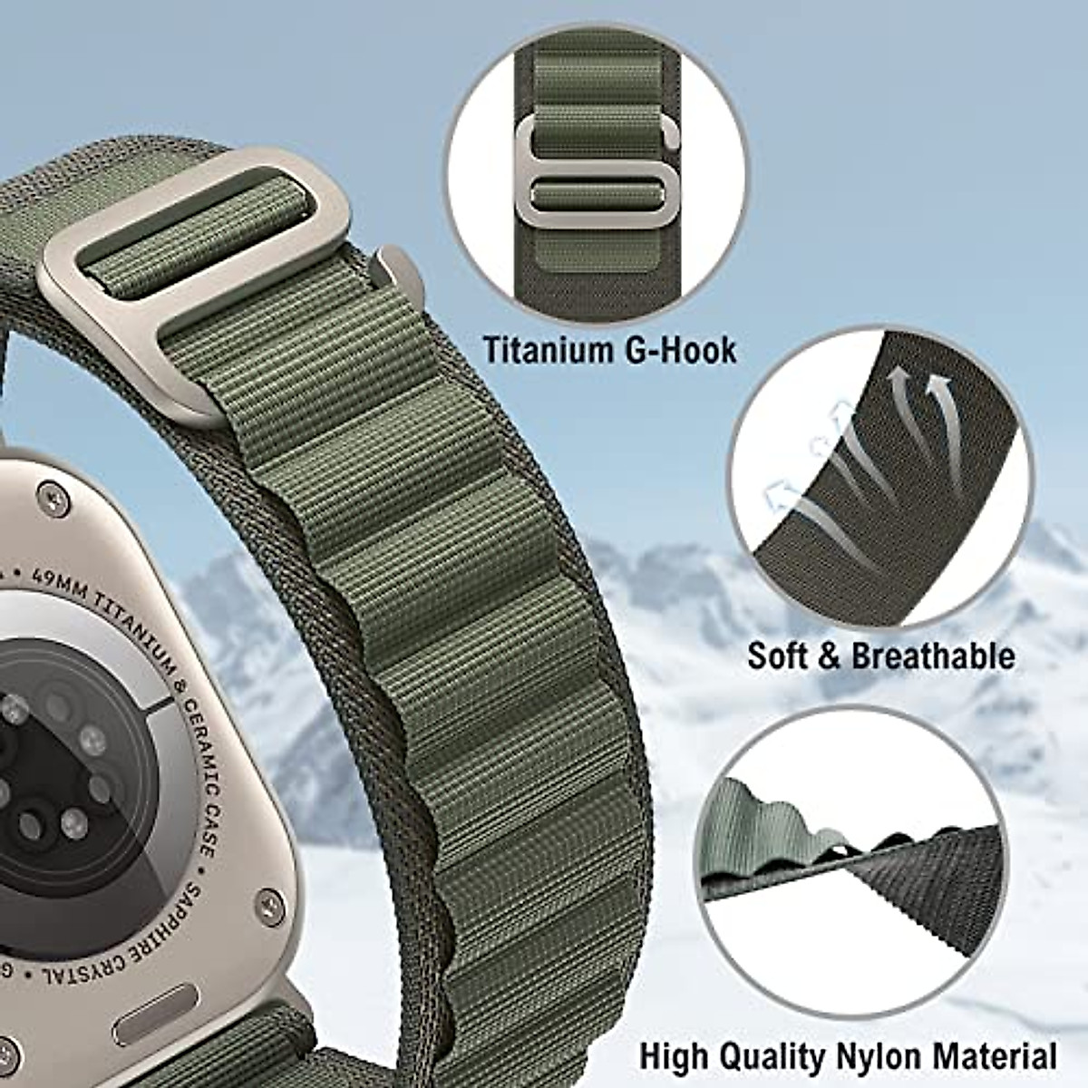 [3 Pack] Alpine Loop Compatible with Apple Watch Band 49mm 45mm 44mm 42mm 41mm 40mm 38mm, Sport Nylon Solo Loop Rugged Strap with Titanium G‑Hook for iWatch Utral/SE Series 8 7 6 5 4 3 2 1