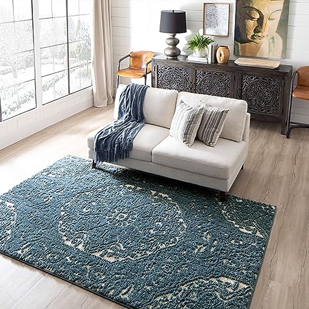 Mohawk Home Francesca Ornamental Medallion Denim Blue 10' x 14' Shag Area Rug Perfect for Living Room, Dining Room, Office