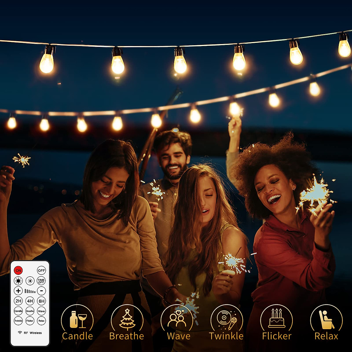 Famiatm 49 FT Outdoor String Lights, Shatterproof Remote Patio Lights with 7 Dimmable Warm Yellow LED Bulbs, IP65 Waterproof Outdoor LED Lights for Backyard Porch Cafe Party Wedding Garden