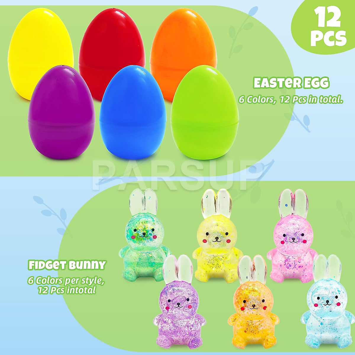 PARSUP 12PCS Easter Marble Eggs with Fidget Bunny for Easter Theme Party Favors, Supplies for Easter Egg Hunt, Basket Stuffers/Fillers, Classroom Prize Supplies Toddler Boys Girls