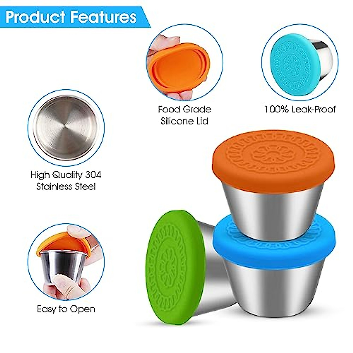 Meal Prep Container - Meal Prep Containers Reusable - Small Food Containers with Lids - Sauce Container with Lid - Stainless Steel - Silicone Lids - 2.5 oz - 6 pack