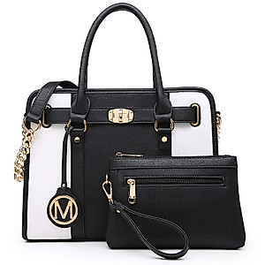 Marco M Kelly Women's Satchel Handbags Top Handle Stylish Purse Vegan Leather Shoulder Bags for Women Wallet Set (Black/White)
