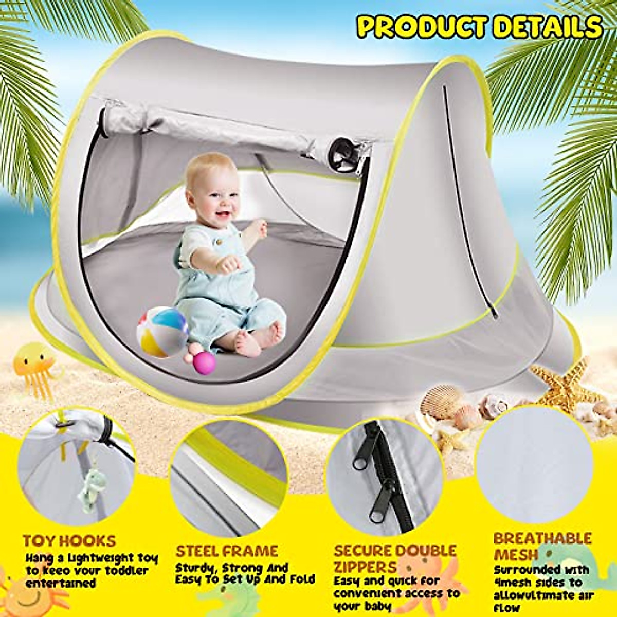 Baby Beach Tent, Waterproof Travel Tent Bed UPF 50+ Foldable Pop-Up Mosquito Net Breathable Parasol Tent Outdoor Portable UV Protection Tents Bed