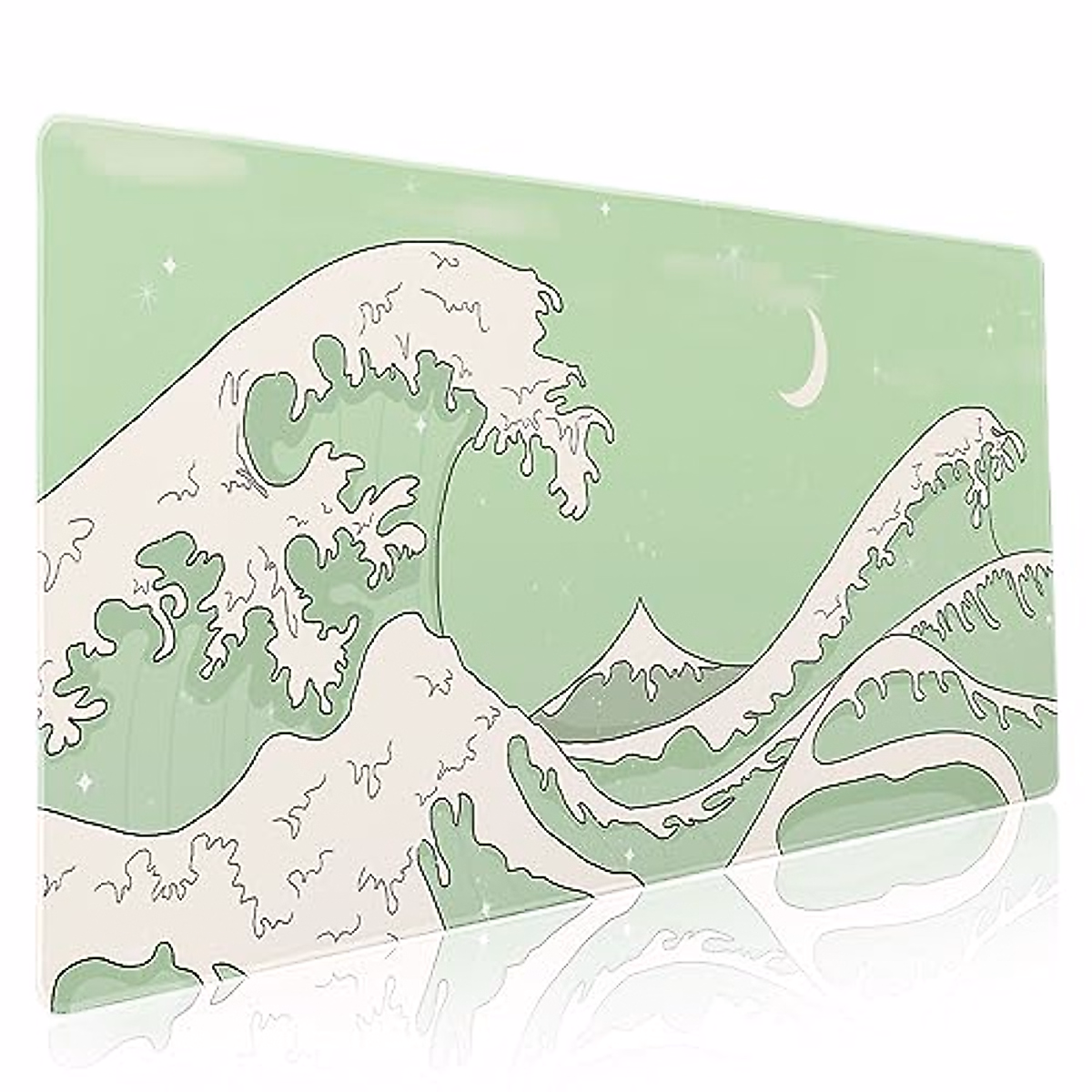 Matcha Green White Japanese Anime Gaming Mouse Pad XXL Cute Kawaii Sage Aesthetic Sea Wave Extended Large Desk Mat Non-Slip Rubber Base Stitched Edge Keyboard Mousepad for PC Laptop,35.4×15.7 in