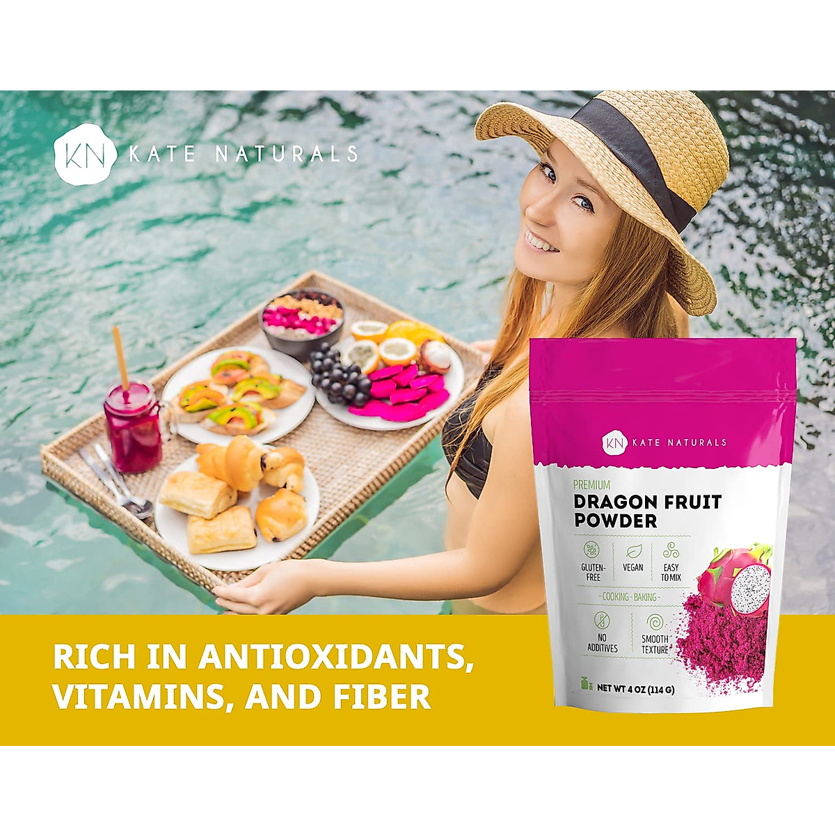 Kate Naturals Dragon Fruit Powder for Baking & Drink (4oz). Vegan, Gluten Free Dried Dragon Fruit Pink Pitaya Powder for Dragon Fruit Syrup. Dragonfruit Pitaya Powder for Smoothie & Food Coloring