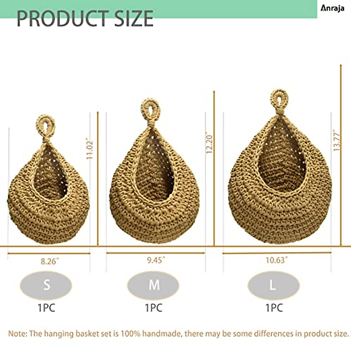 Anraja Hanging Fruit Basket For Kitchen Wall, Teardrop Garlic Storage Organizer, Decor Home, Boho Plant Holder, Set Of 3, Wheat