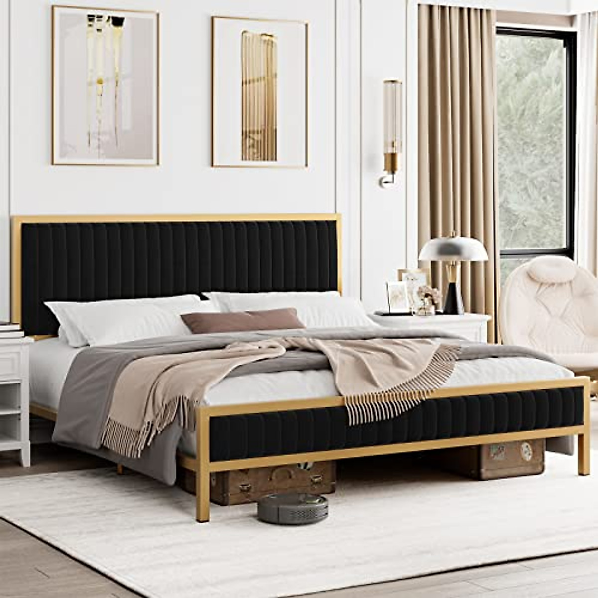 HIFIT King Size Bed Frame, King Bed Frame and Headboard, Heavy Duty Metal Foundation, Upholstered Bed Frame with Velvet Tufted Headboard, Wood Slats Support, No Box Spring Needed, Gold and Black