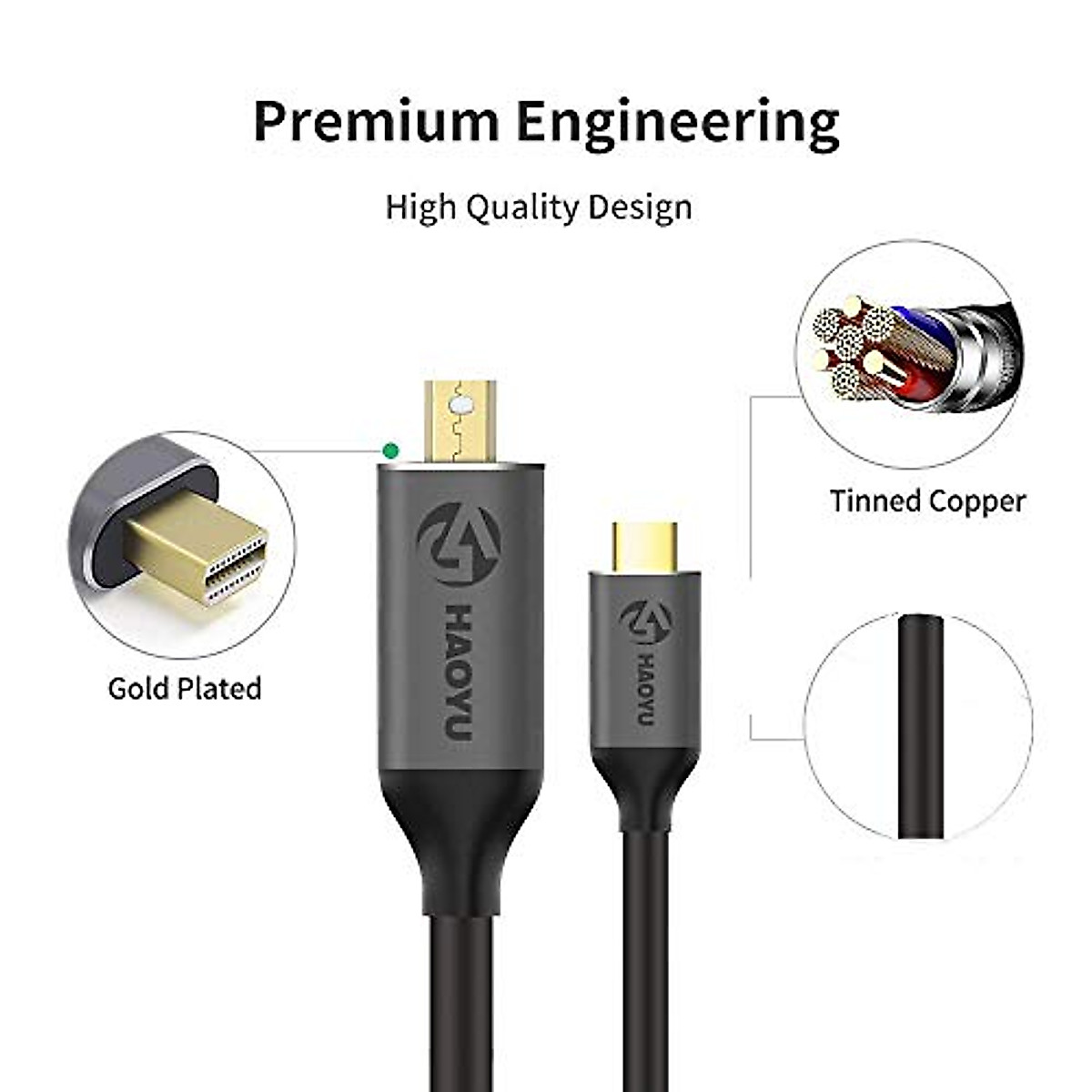 Mini DisplayPort to USB C Cable, HAOYU USB C to Mini DisplayPort,(Unidirectional), 4K@60Hz, HDCP 2.2, Compatible for MacBook Pro 2022-2016/ M1,MacBook Air, Surface Book 2,Galaxy S21/S22 (6 FT)