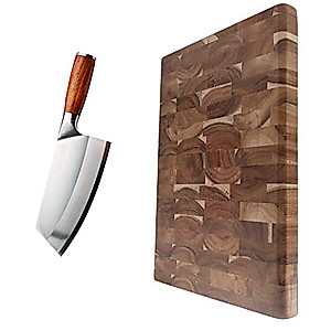 Kitory 7 Inch Knife High Carbon German Steel Chinese Chef Knife, Vegetable Cleaver Anti-rust Kitchen Knife, Heavy Duty Cutting Boards - Large Size Acacia Wood Board - Ultra Thick Kitchen Cutting Board