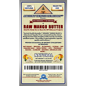 Ancient Health Remedies Organic Unrefined Raw MANGO BUTTER 1 LB (16 oz) BLOCK Bulk, Light Mango Aroma, Non-Greasy Base for Beauty, Skin Moisturizing, DIY Base for Body Butters & Hand Cream (INDIA)