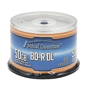 Optical Quantum 6X 50GB BD-R DL White Inkjet Printable Blu-ray Double Layer Recordable Media, 50-Disc Spindle