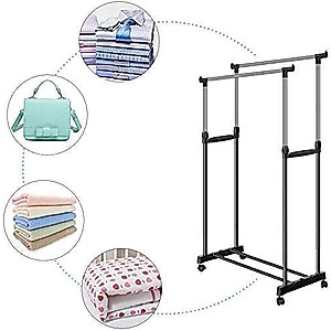 Double Pole Portable Clothing Hanging Garment Rack Laundry Drying Hanger with Wheels (Double Pole) Pole Telescopic Clothes | Fordable Single and Stand for Indoor Outdoor.